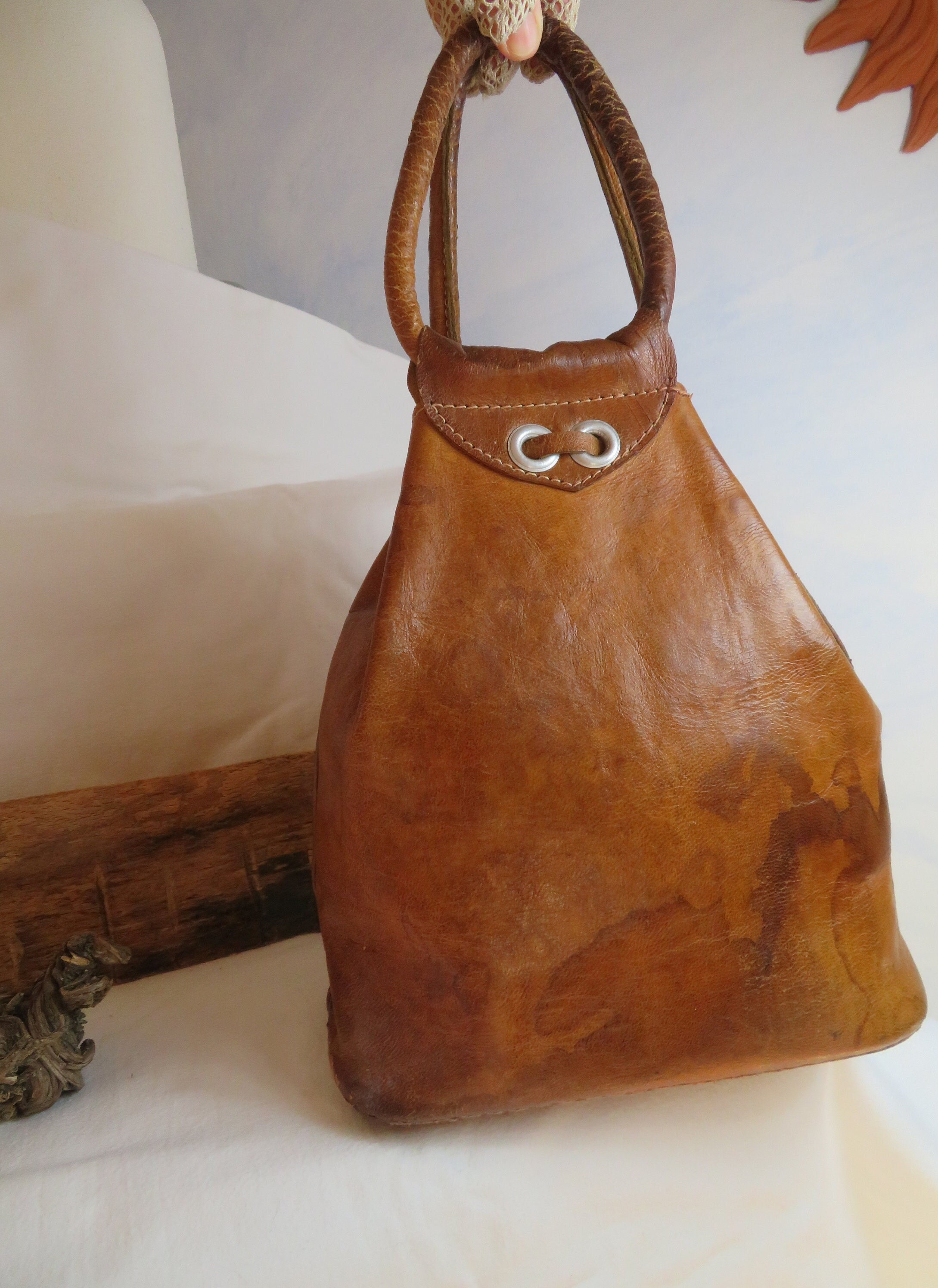 Antique Brown Leather Bag, Pyramid Leather Handbag, Drawstring Bag ...
