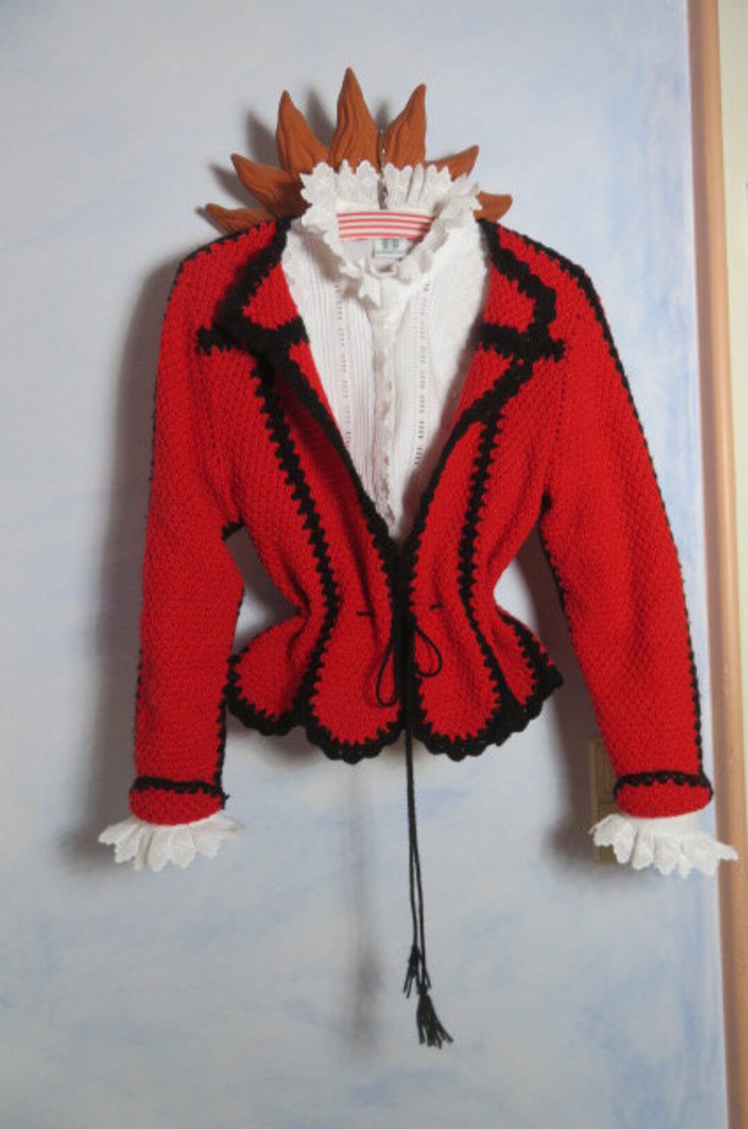 Original Vintage 40s 50s Hand Knitted Cardigan Red Black Wool Crocheted ...