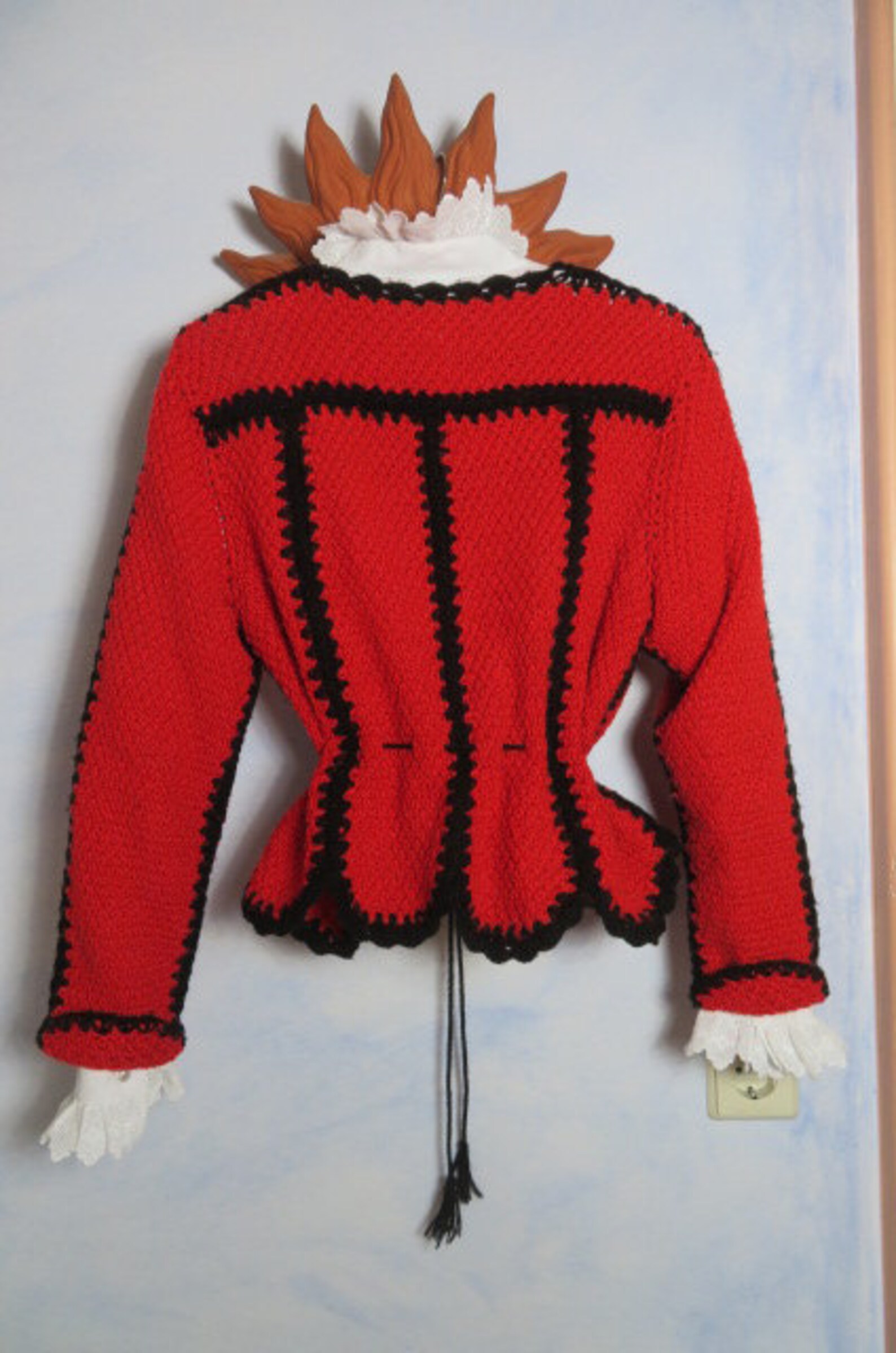 Original Vintage 40s 50s Hand Knitted Cardigan Red Black Wool Crocheted ...