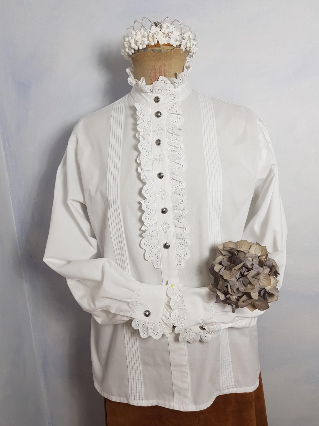 Folklore Lace Blouse Pure White With Puff Sleeves Size L/ XL Piping ...