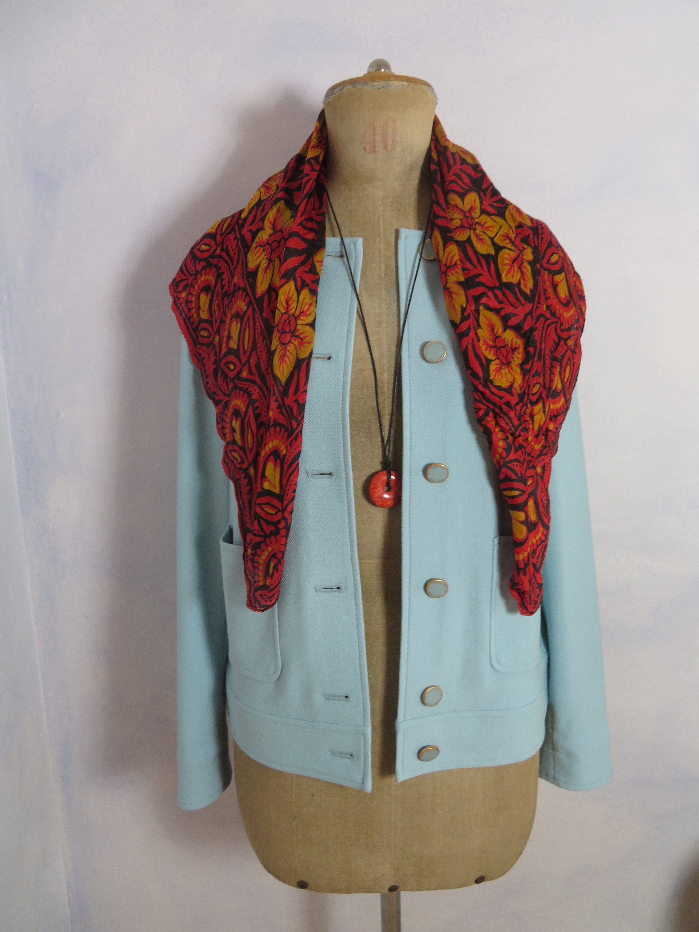70s Silk Scarf Indian Block Print Hand Rolled Hippie Flower Power Scarf ...