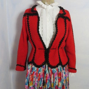 Original Vintage 40s 50s Hand Knitted Cardigan Red Black Wool Crocheted ...
