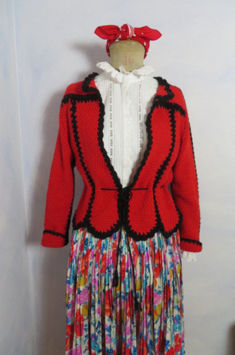 Original Vintage 40s 50s Hand Knitted Cardigan Red Black Wool Crocheted ...