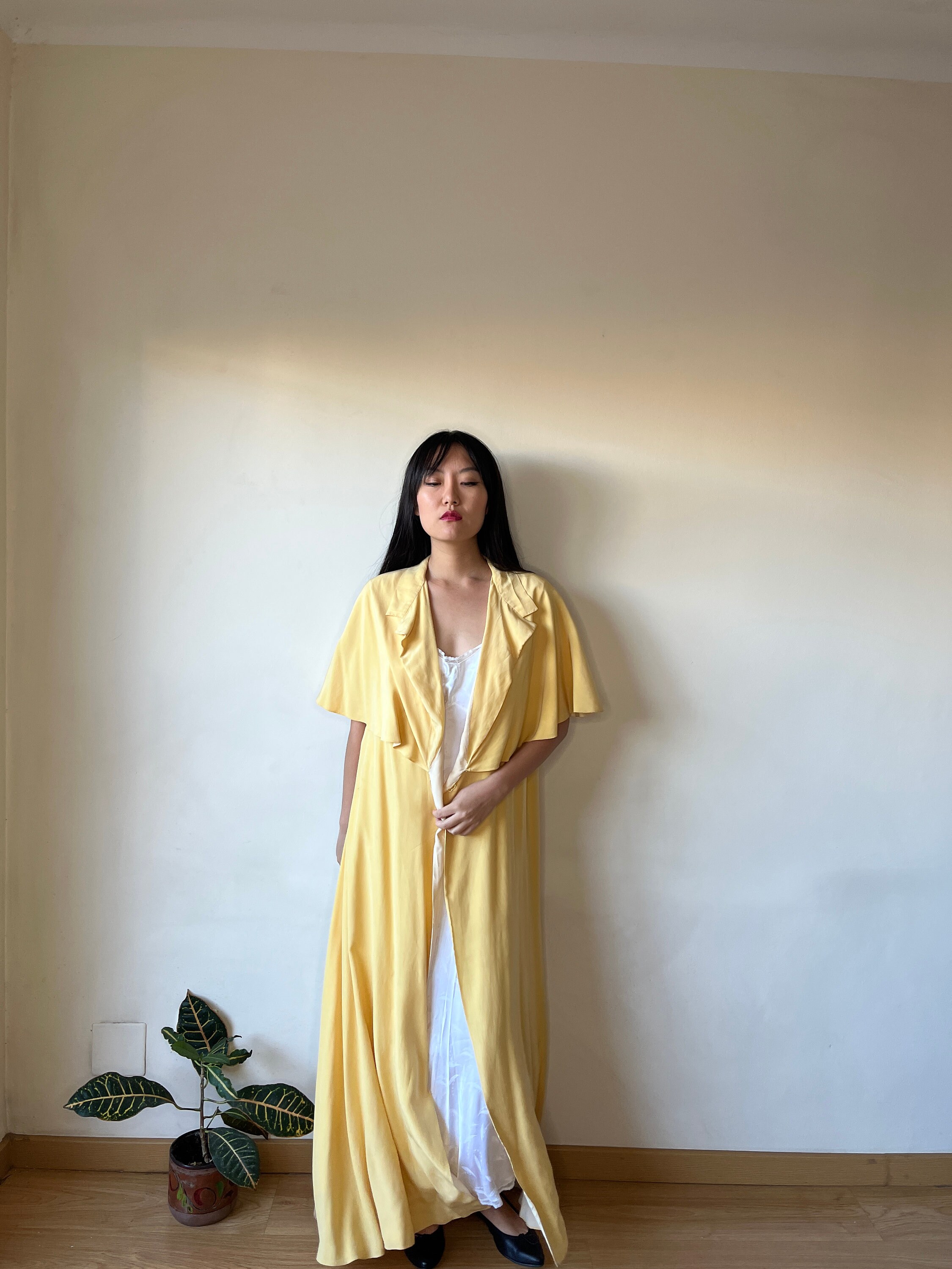 1950s Yellow Pure Silk Satin Nightgown Robe Lingerie Night Long Jacket ...