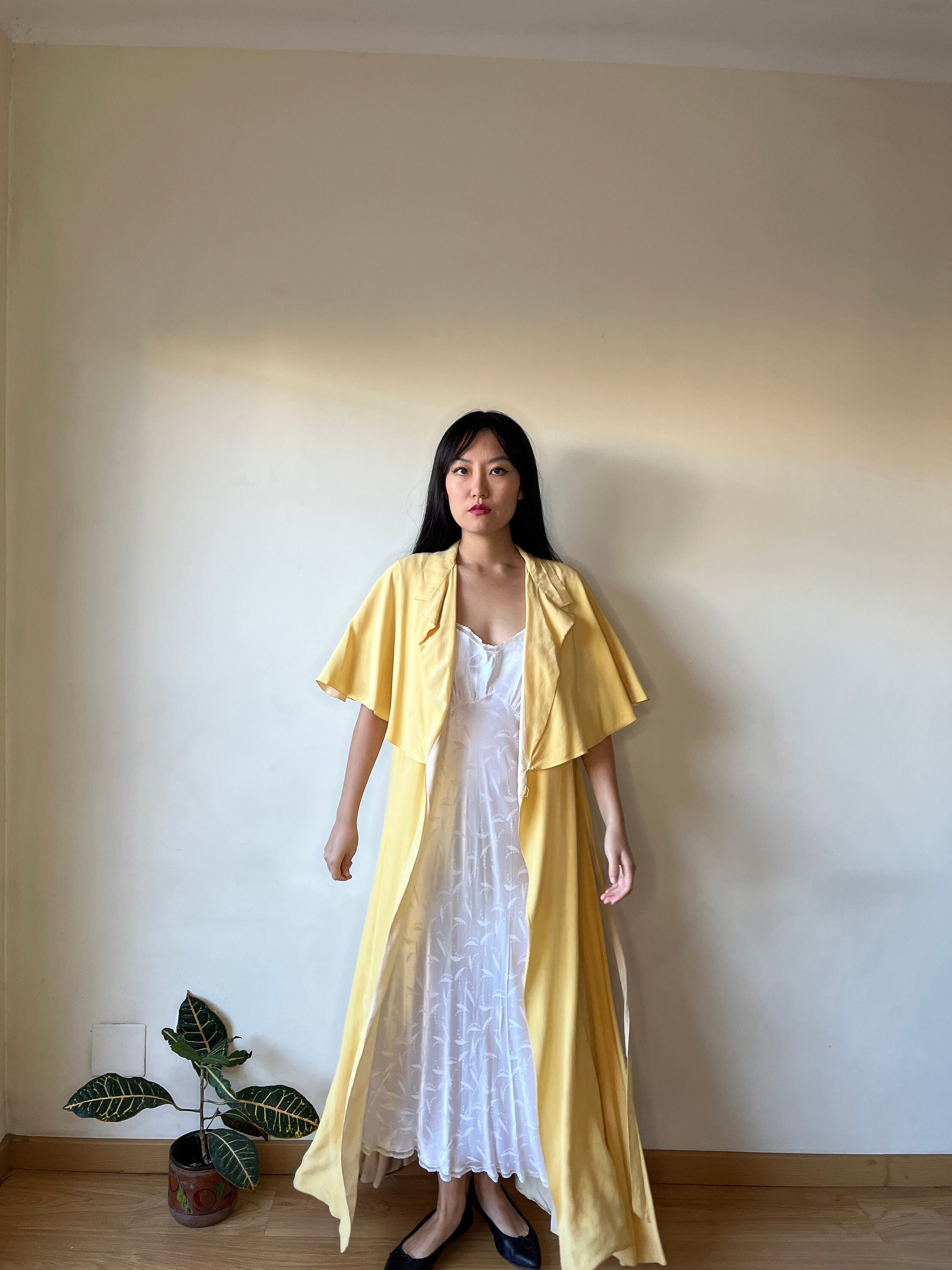 1950s Yellow Pure Silk Satin Nightgown Robe Lingerie Night Long Jacket ...