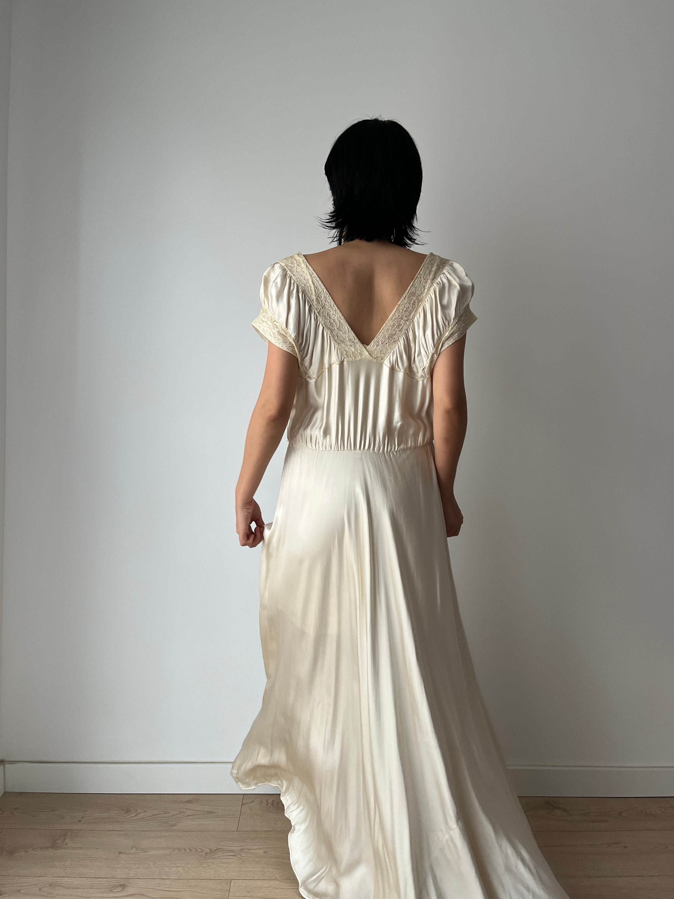 1930s Antique Bias Cut Pure Silk Satin Embroidered Lace Bridal Dress ...