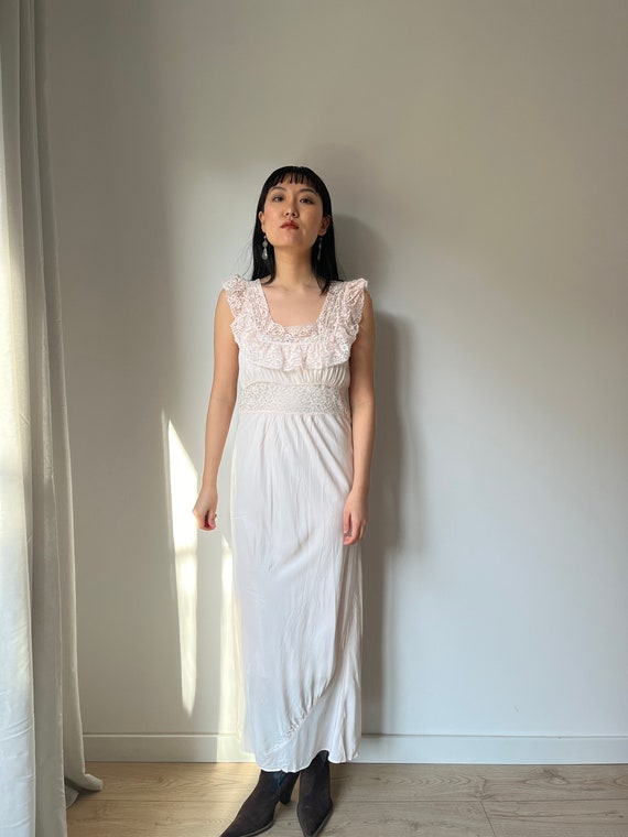 1940s Antique Bias Cut Ruffle Pastel Pink Rayon Trans… - Gem