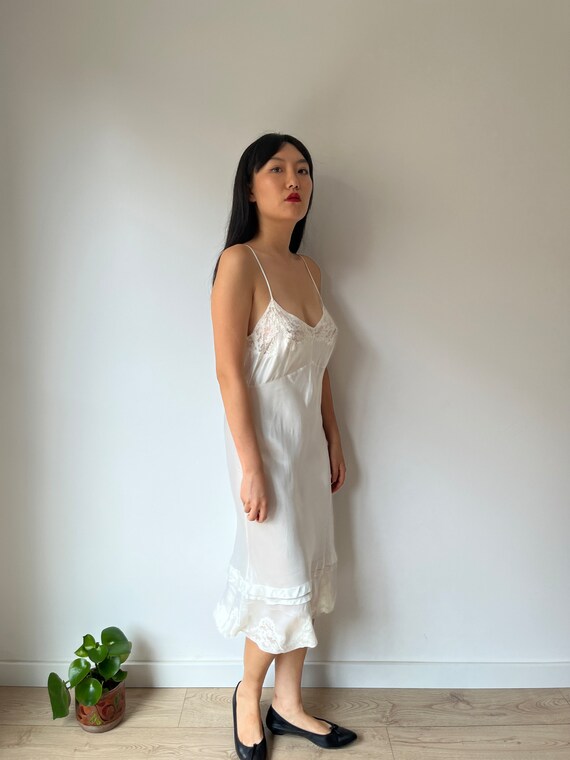 1930s Antique White Lace Liquid Satin Silk Slip dress… - Gem