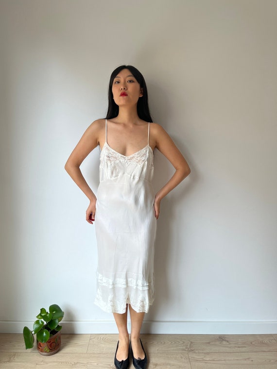 1930s Antique White Lace Liquid Satin Silk Slip dress… - Gem