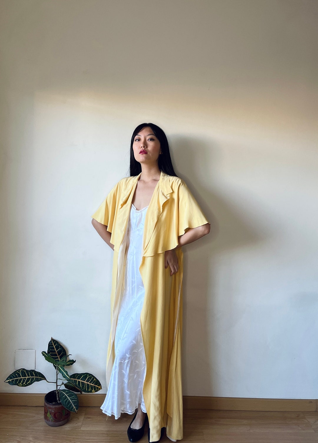 1950s Yellow Pure Silk Satin Nightgown Robe Lingerie Night Long Jacket ...