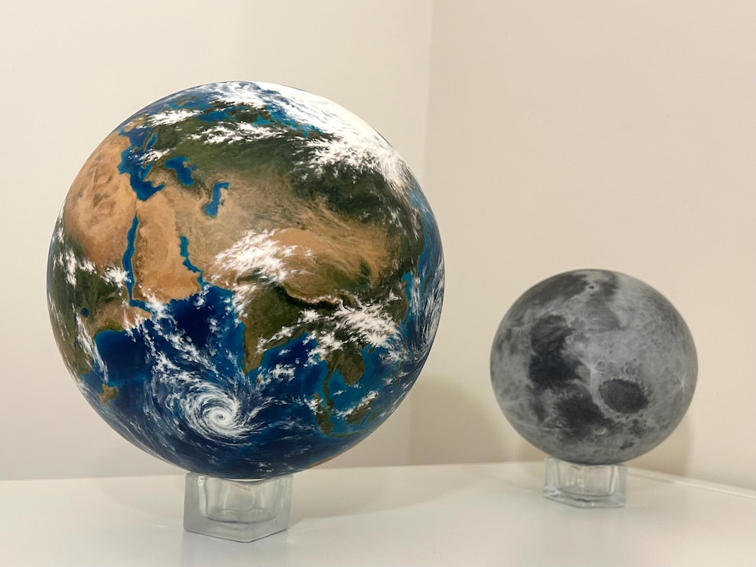 Bespoke Hand-painted Earth 9” and Moon 6” Set on Walnut Spheres. Custom ...