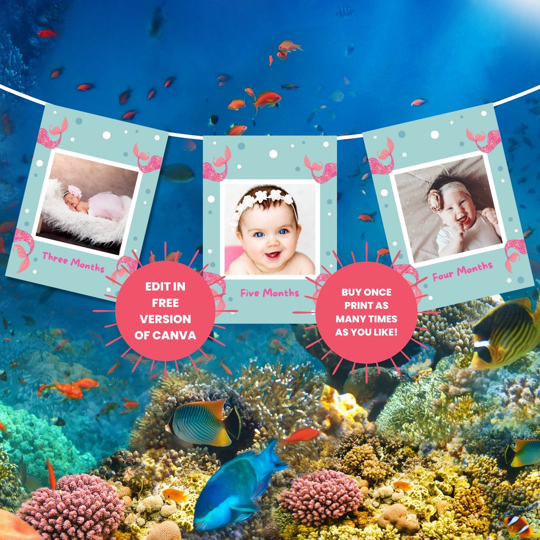 Editable Baby's First Year Banner, 1st Birthday Photo Banner Mermaid ...