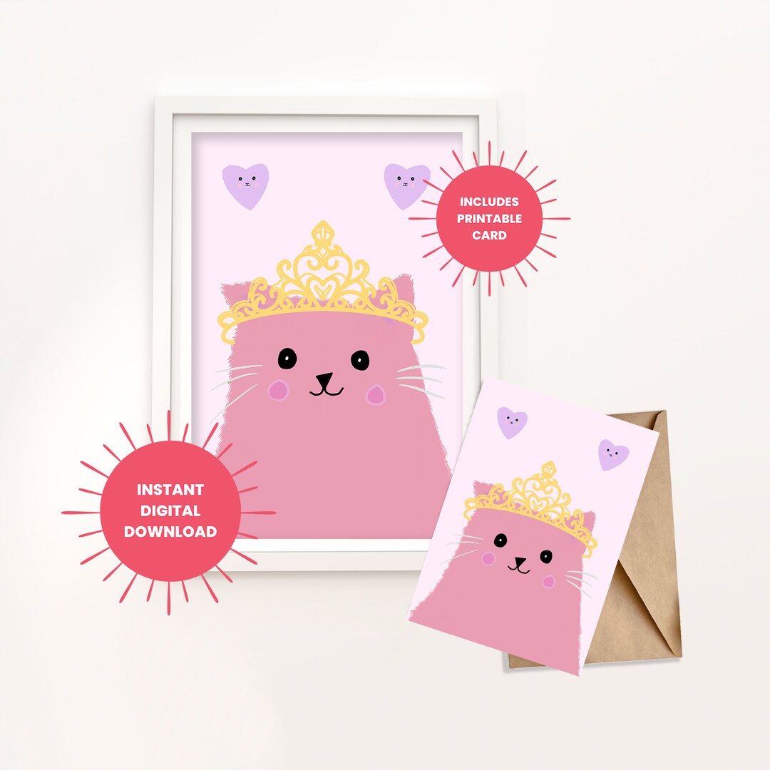 Princess Party Baby Girl Wall Art Printable Card Nursery Decor Girl Cat ...