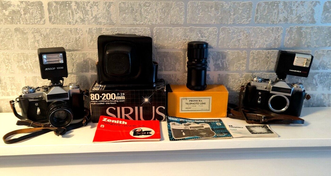 Vintage Zenit E Helios Sirius Promura Hanimex Jessop Camera, Flash Lens ...