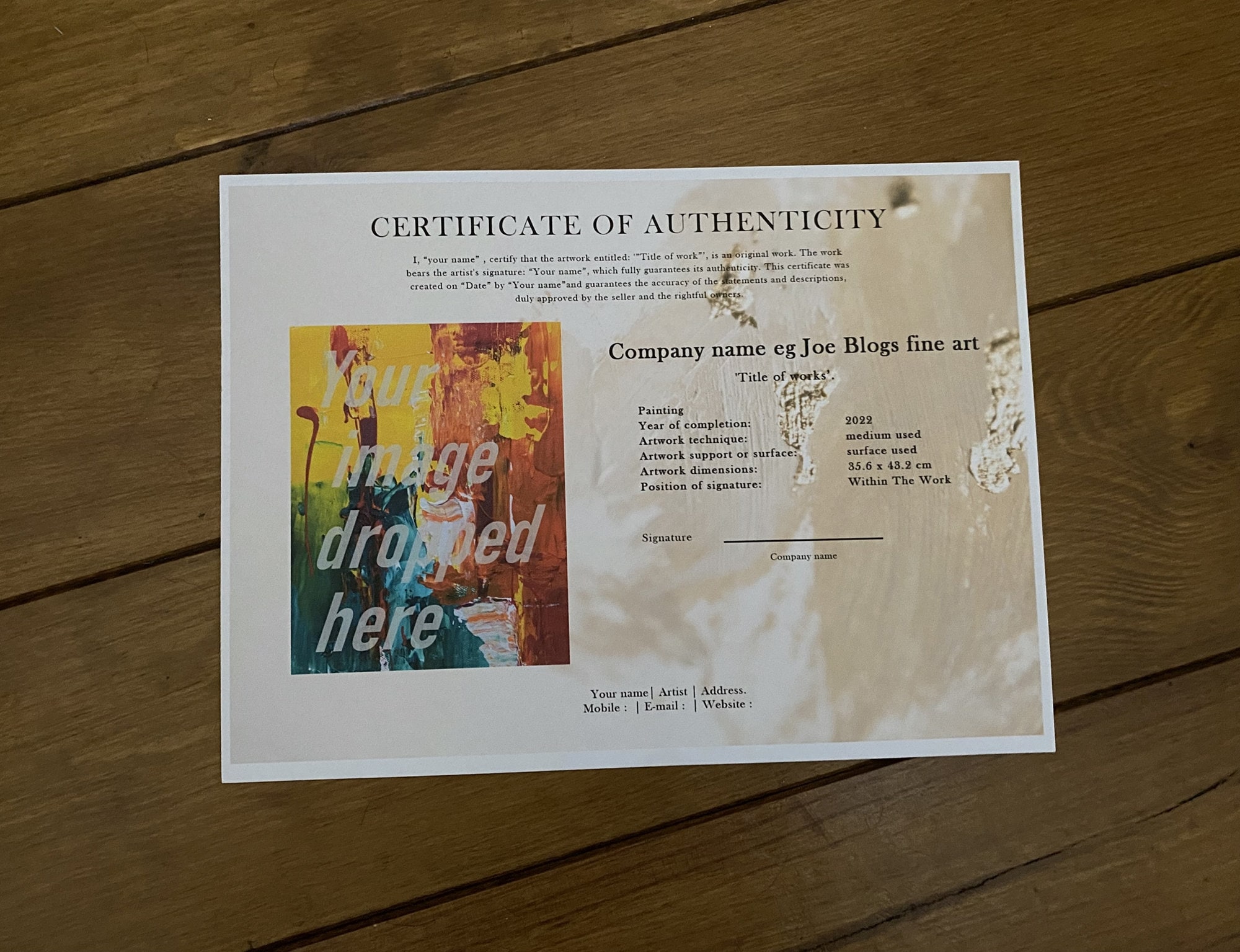 Art Certificate Certificate of Authenticity Editable Certificate Art ...
