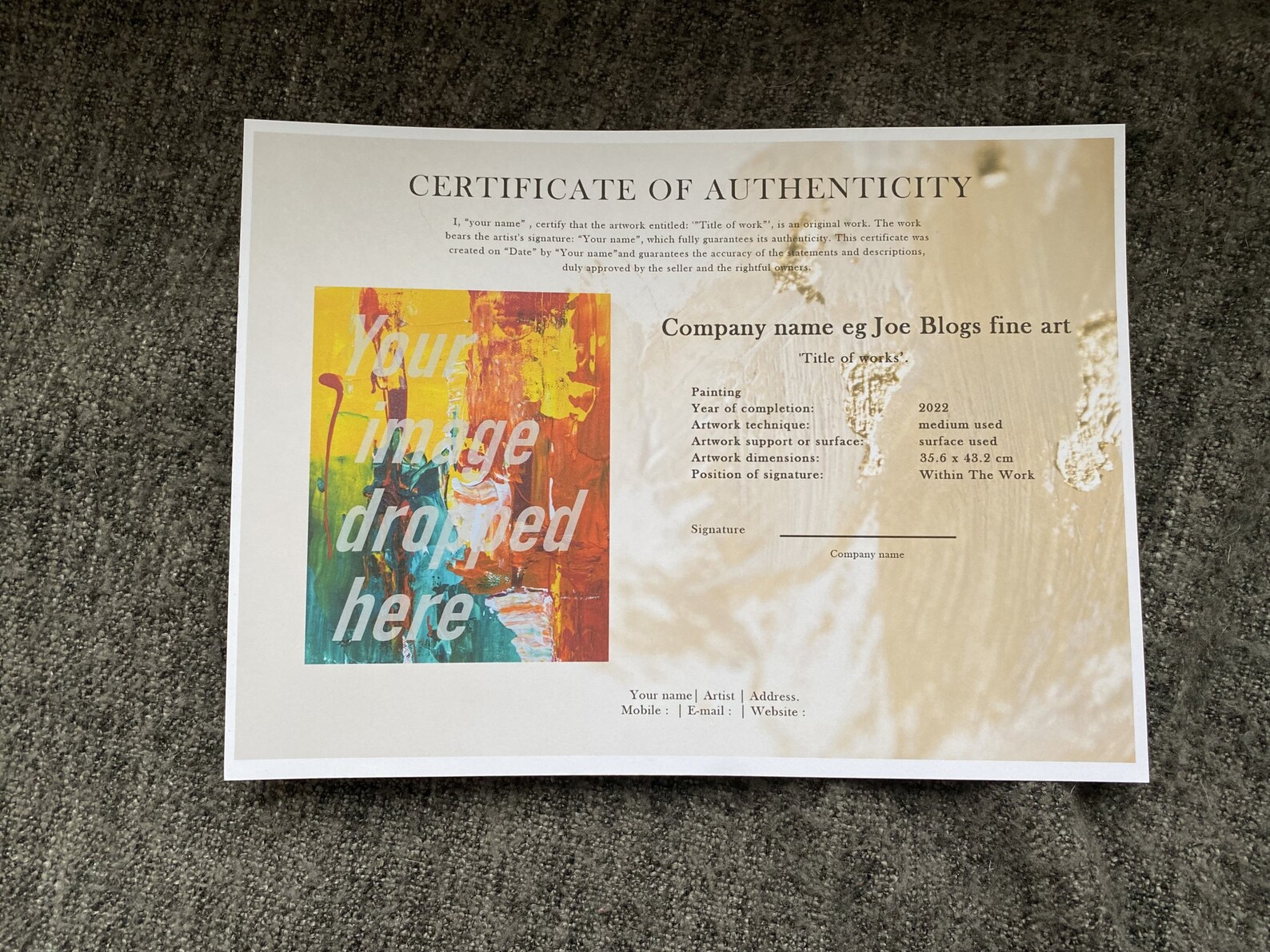 Art Certificate Certificate of Authenticity Editable Certificate Art ...