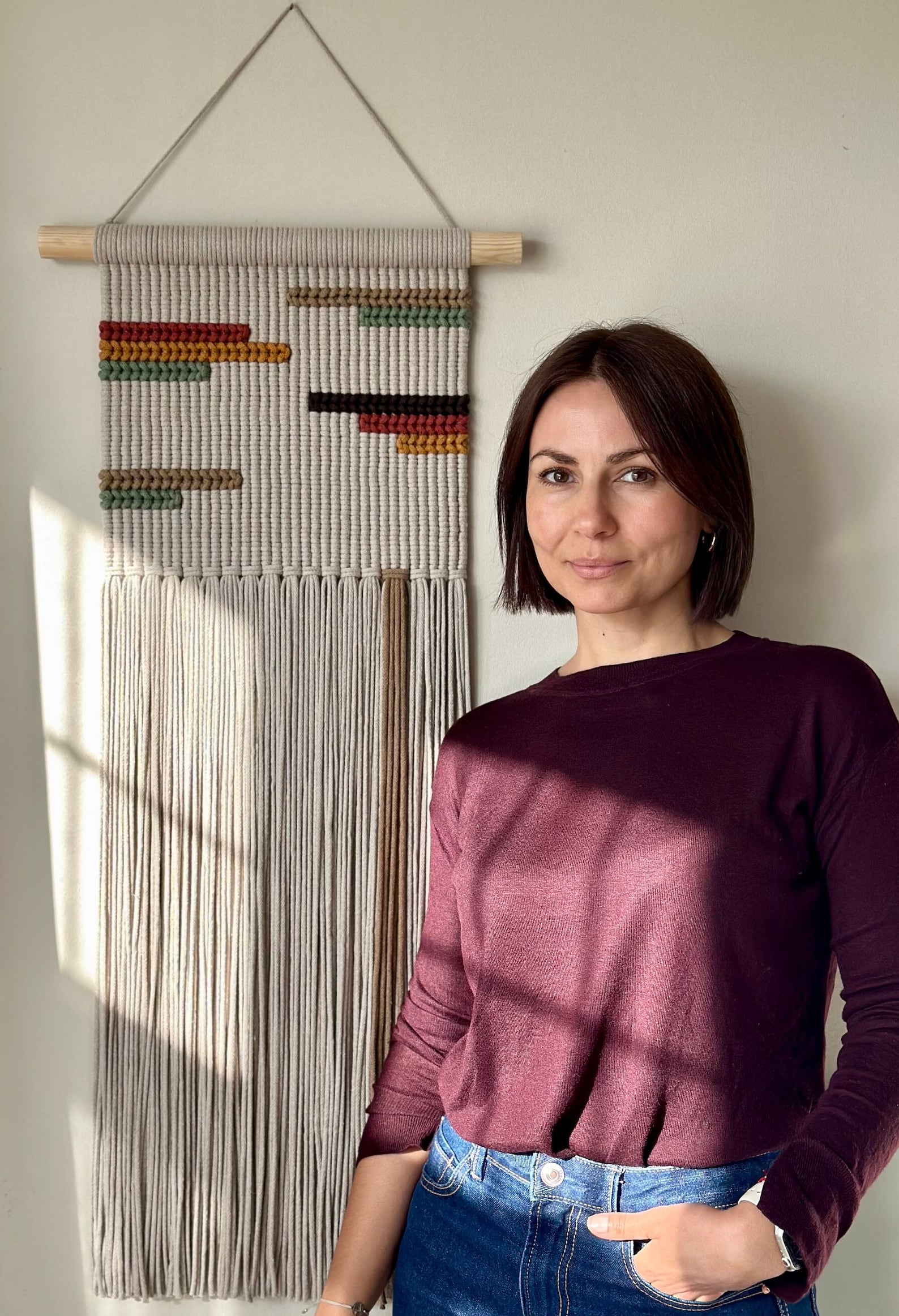 FREYA - Retro Style Macrame Wall Hanging - Beige, Brown, Brick, Mint ...