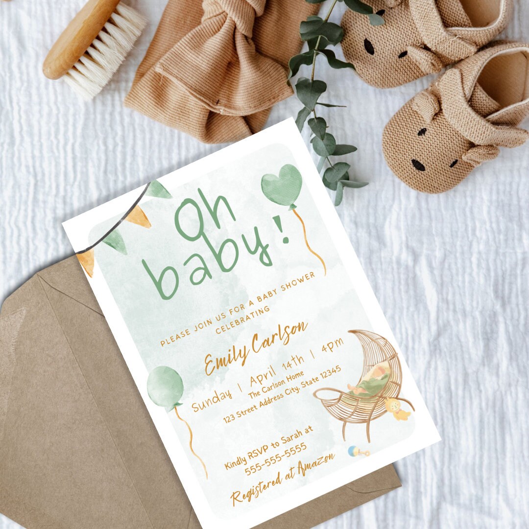 Oh Baby Invitation, Watercolor Baby Shower Invitation, Neutral Baby ...