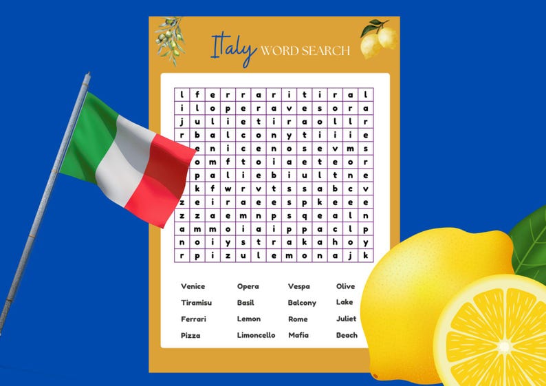 Italian Word Search Printable – Italy Themed Party Game, Party & Travel ...