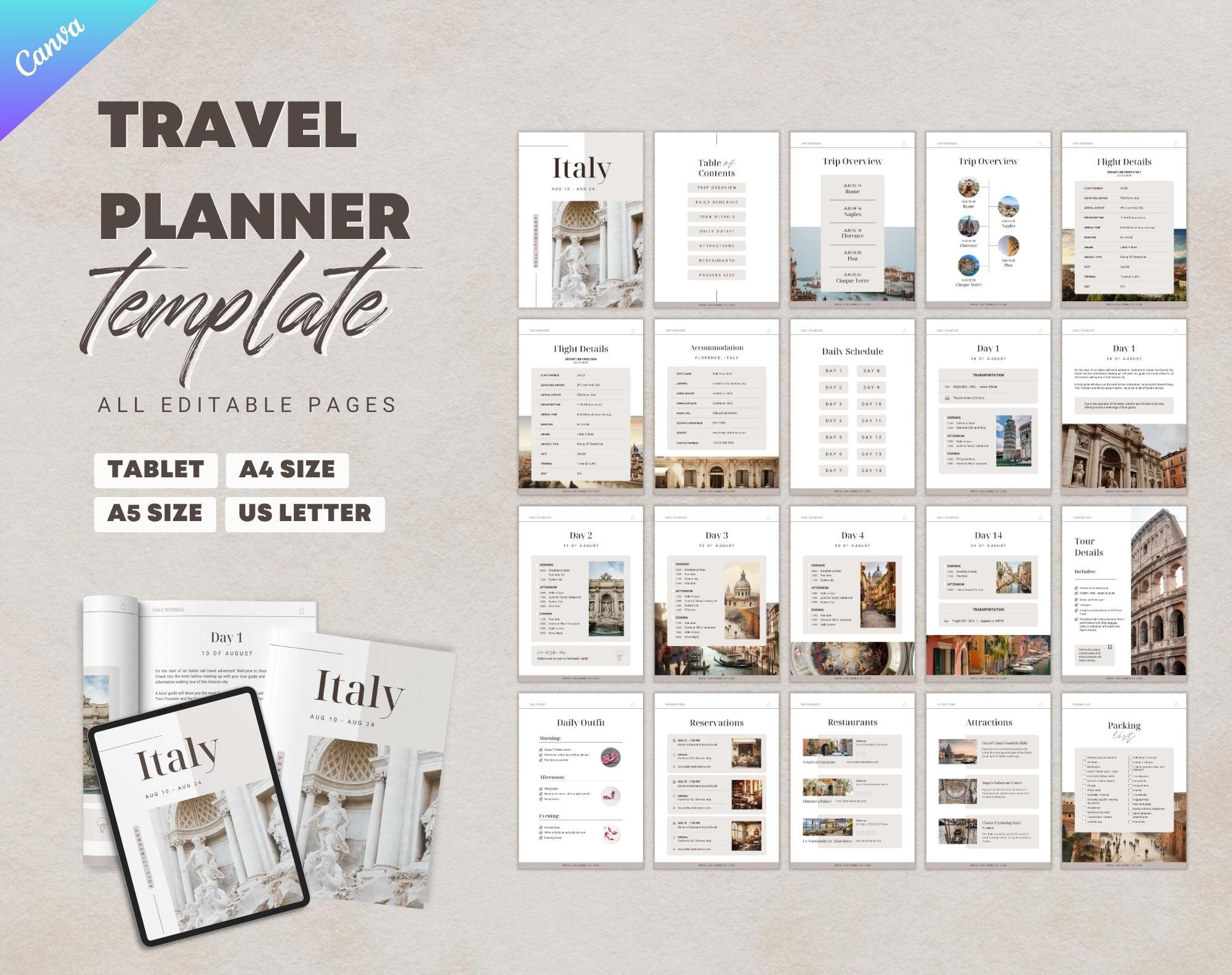 Travel Itinerary Printable & Digital Template. Canva Editable Tour ...