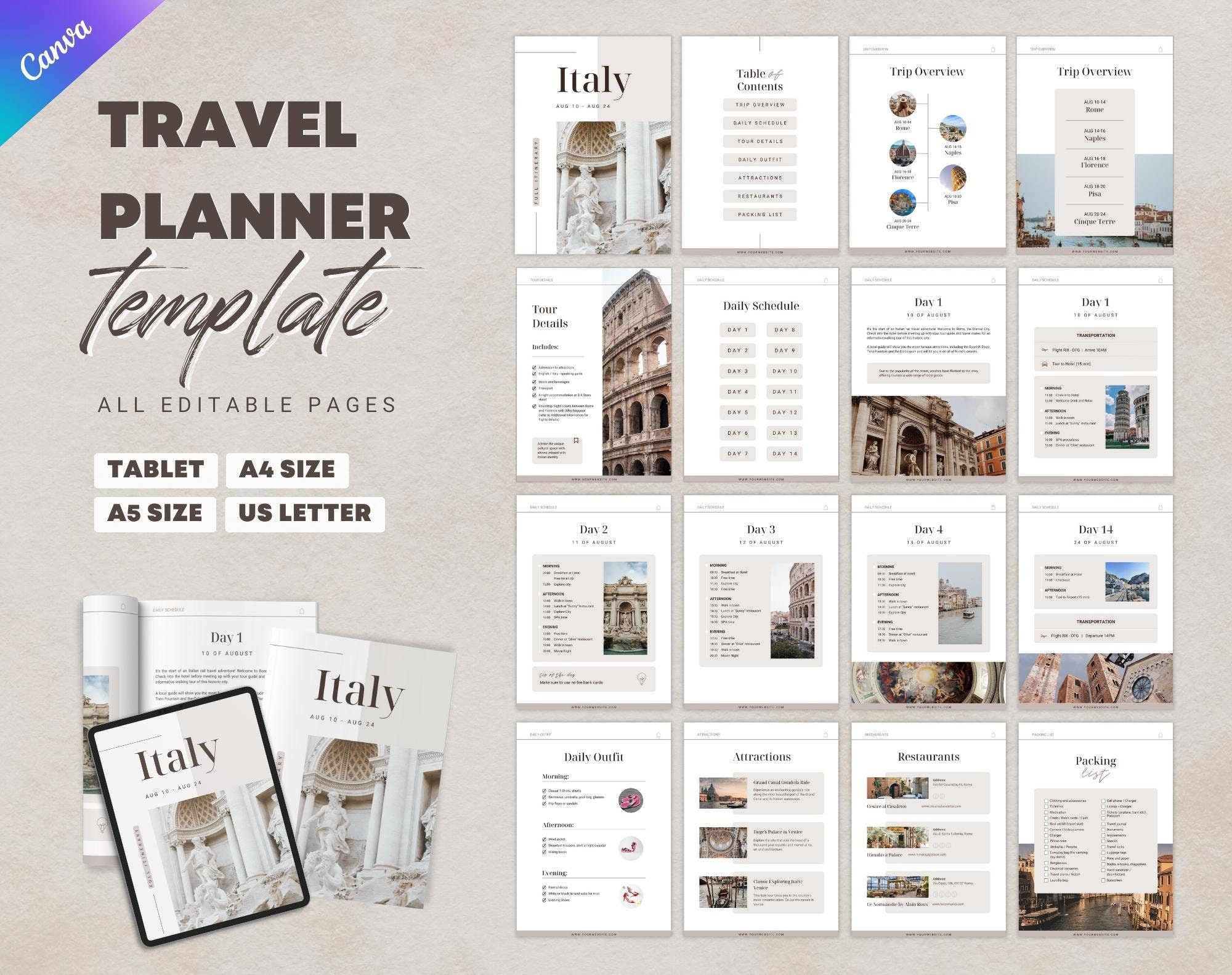 Travel Itinerary Printable & Digital Template. Canva Editable - Etsy