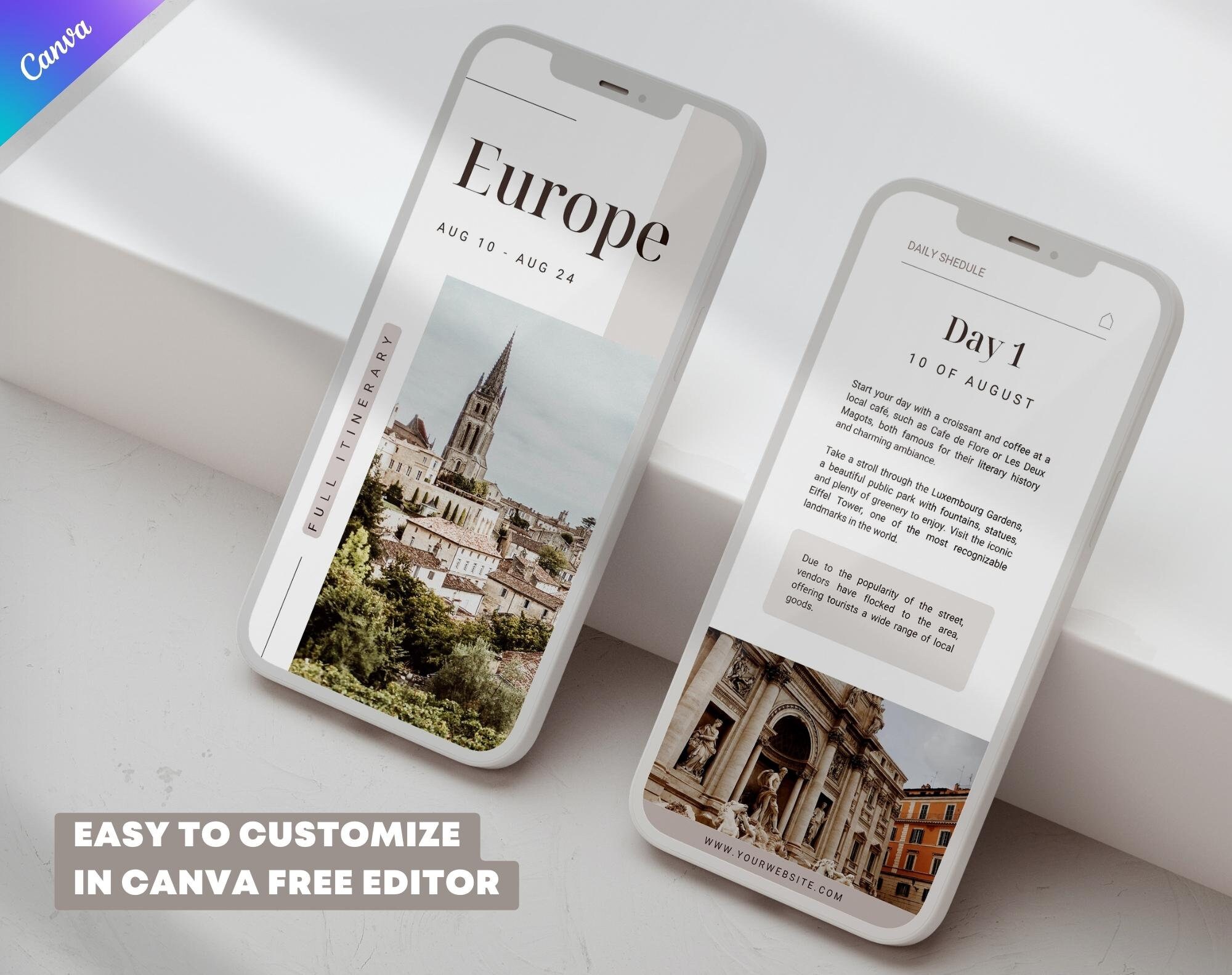 Europe Travel Itinerary Mobile Template: Editable Canva Planner ...