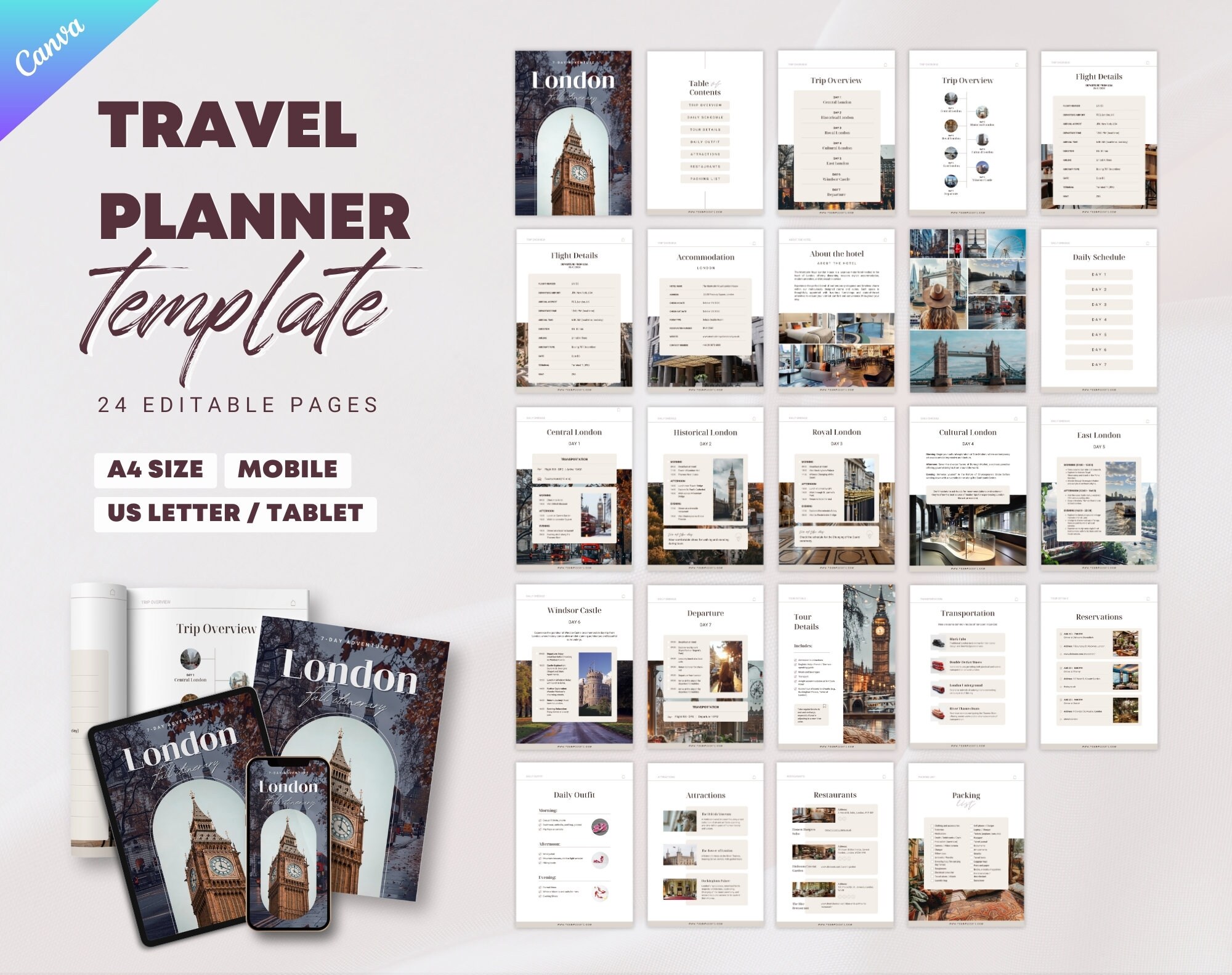 London Travel Itinerary Template: 7-day Vacation Planner (canva ...