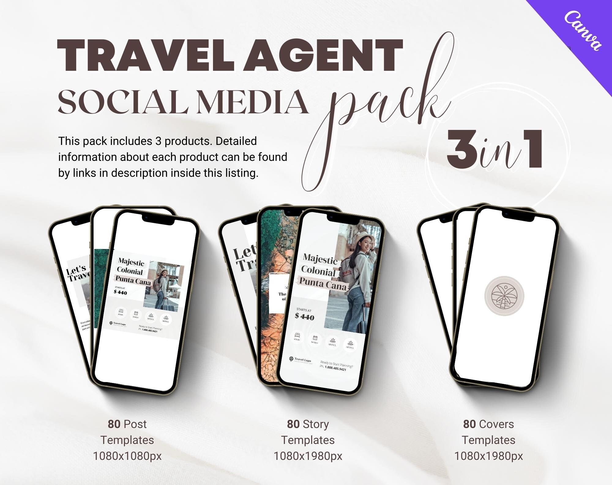 3in1 Travel Instagram Template Canva. Social Media Bundle for Agent ...