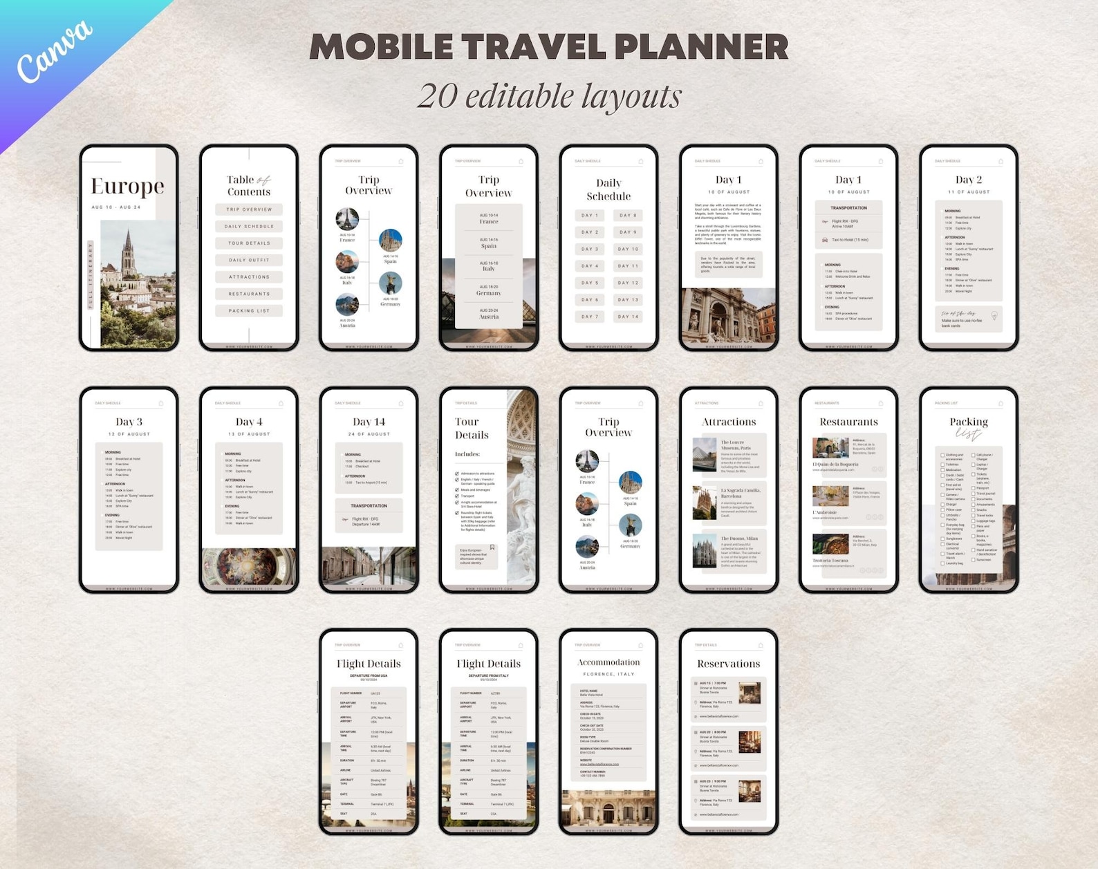 Europe Travel Itinerary Mobile Template: Editable Canva Planner ...