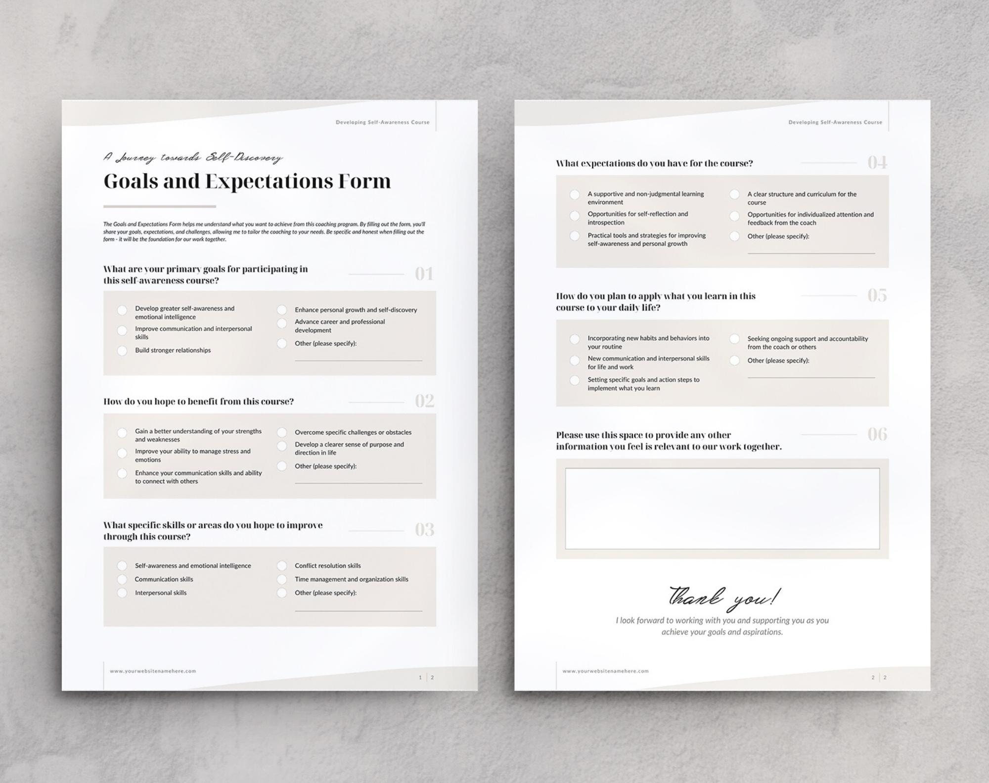 Self Awareness Coaching Intake Form Template Goals & Expectations ...