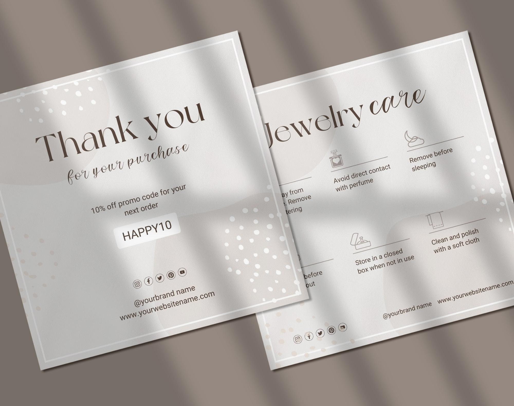 Jewelry Care Card Instruction Template. Thank You Square Card for ...