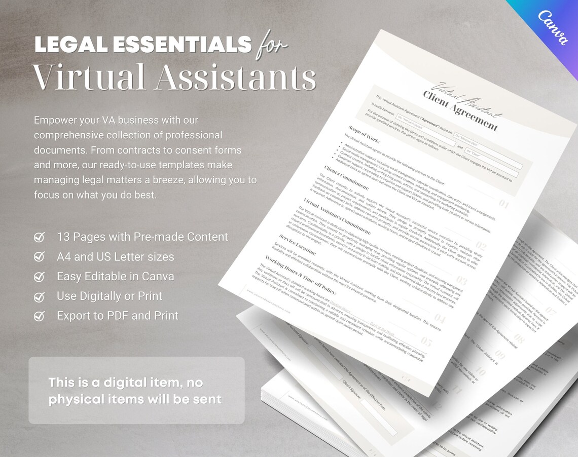 Virtual Assistant Contract Template Bundle: Legal Agreement, Canva ...