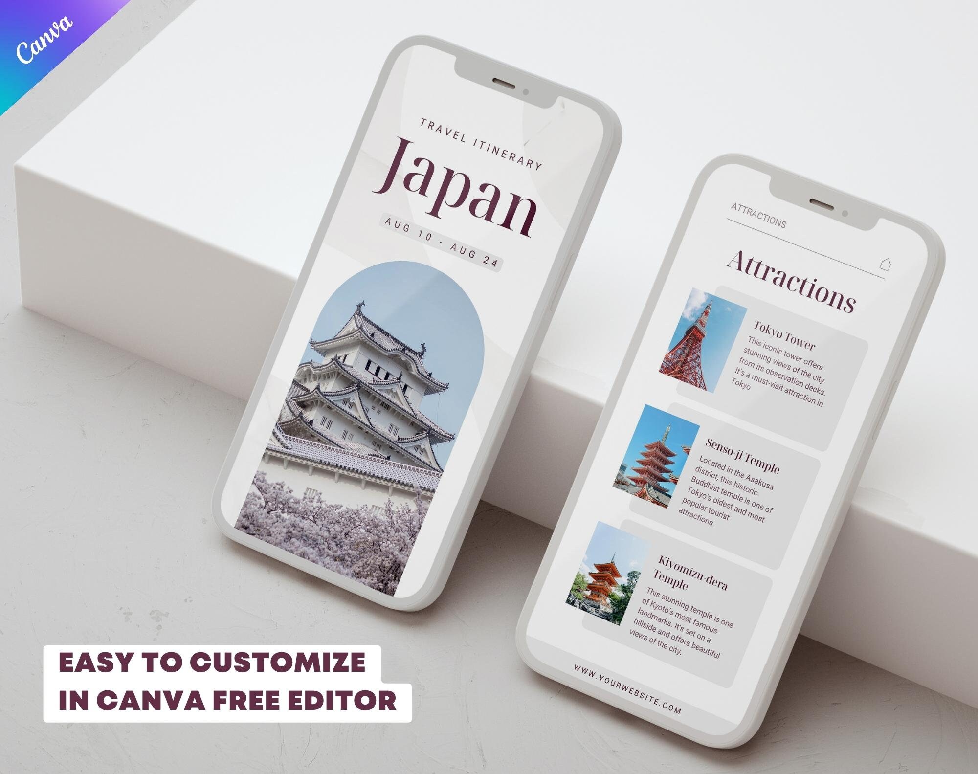 Japan Travel Itinerary Digital Template. Mobile Editable Planner. Canva ...
