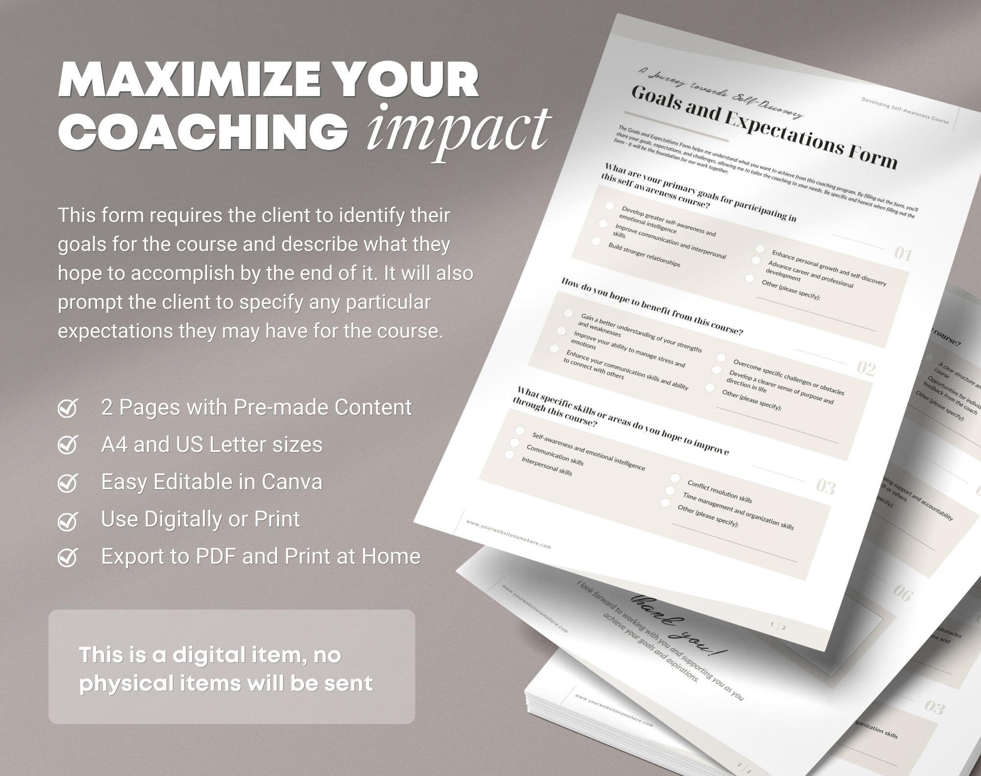 Self Awareness Coaching Intake Form Template Goals & Expectations ...