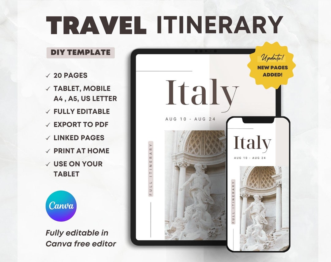 Travel Itinerary Printable & Digital Template. Canva Editable Tour ...