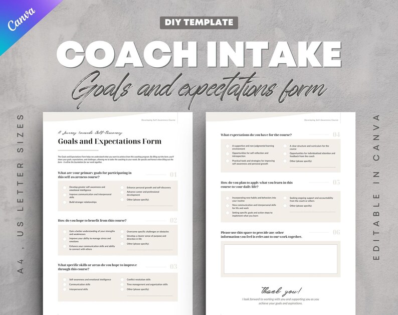 Self Awareness Coaching Intake Form Template Goals & Expectations ...