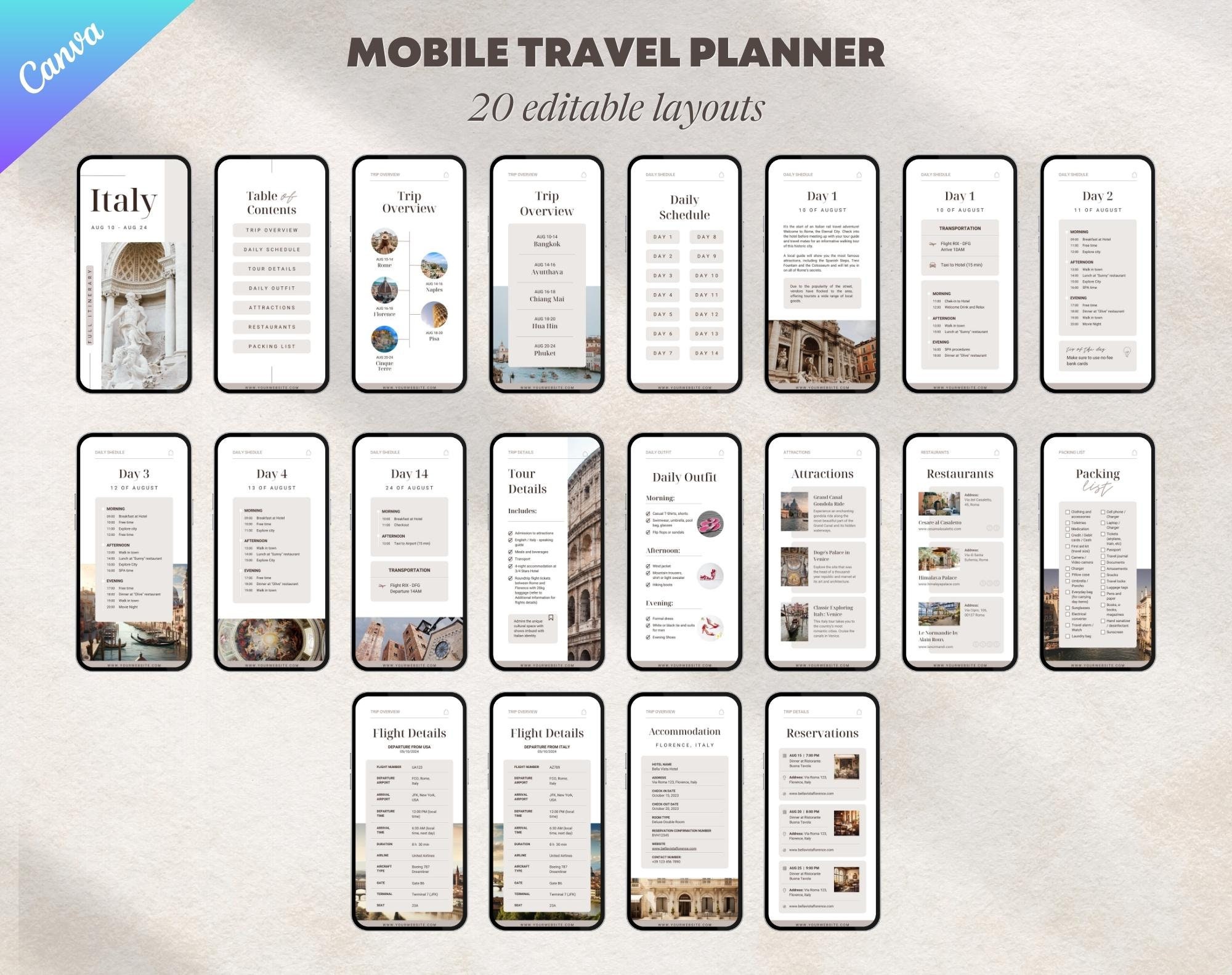 Travel Itinerary Printable & Digital Template. Canva Editable Tour ...