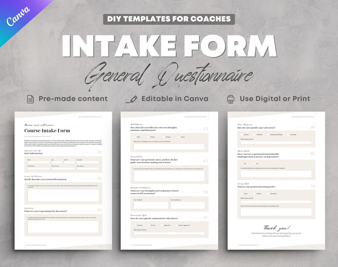 Coaching Intake Form Template. Self Assessment Questionnaire for Coach ...
