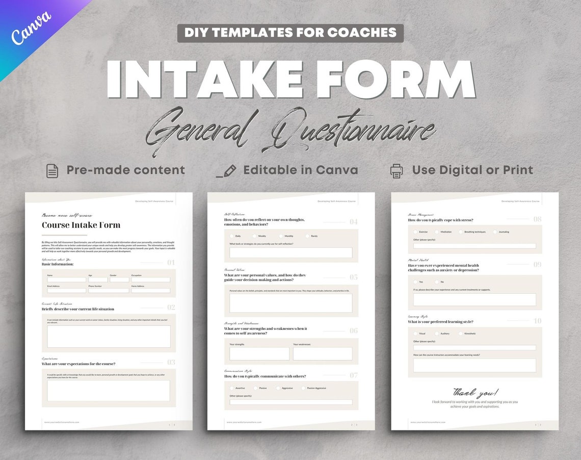 Coaching Intake Form Template. Self Assessment Questionnaire - Etsy