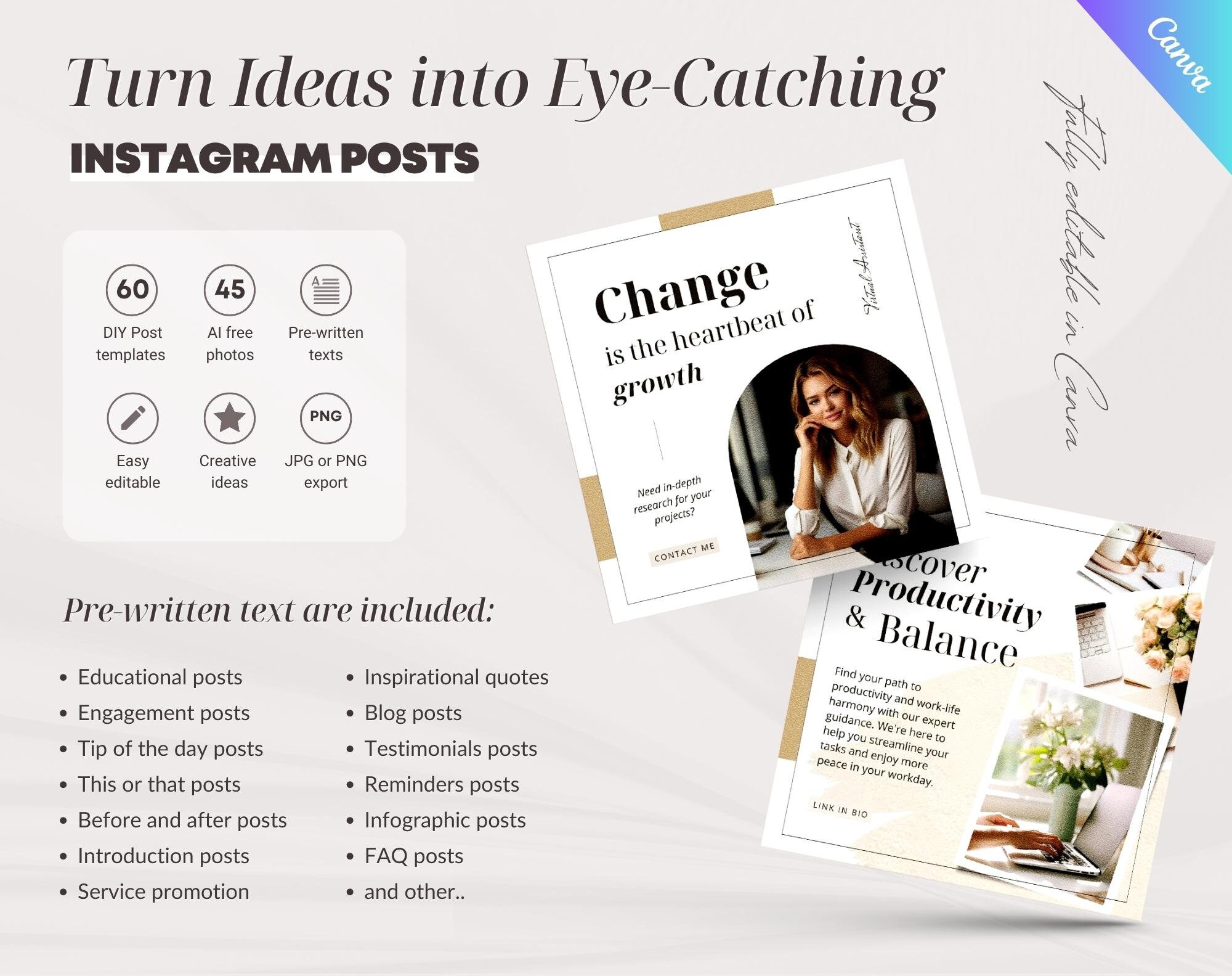 Virtual Assistant Instagram Post Templates: 60 Canva Designs (digital ...