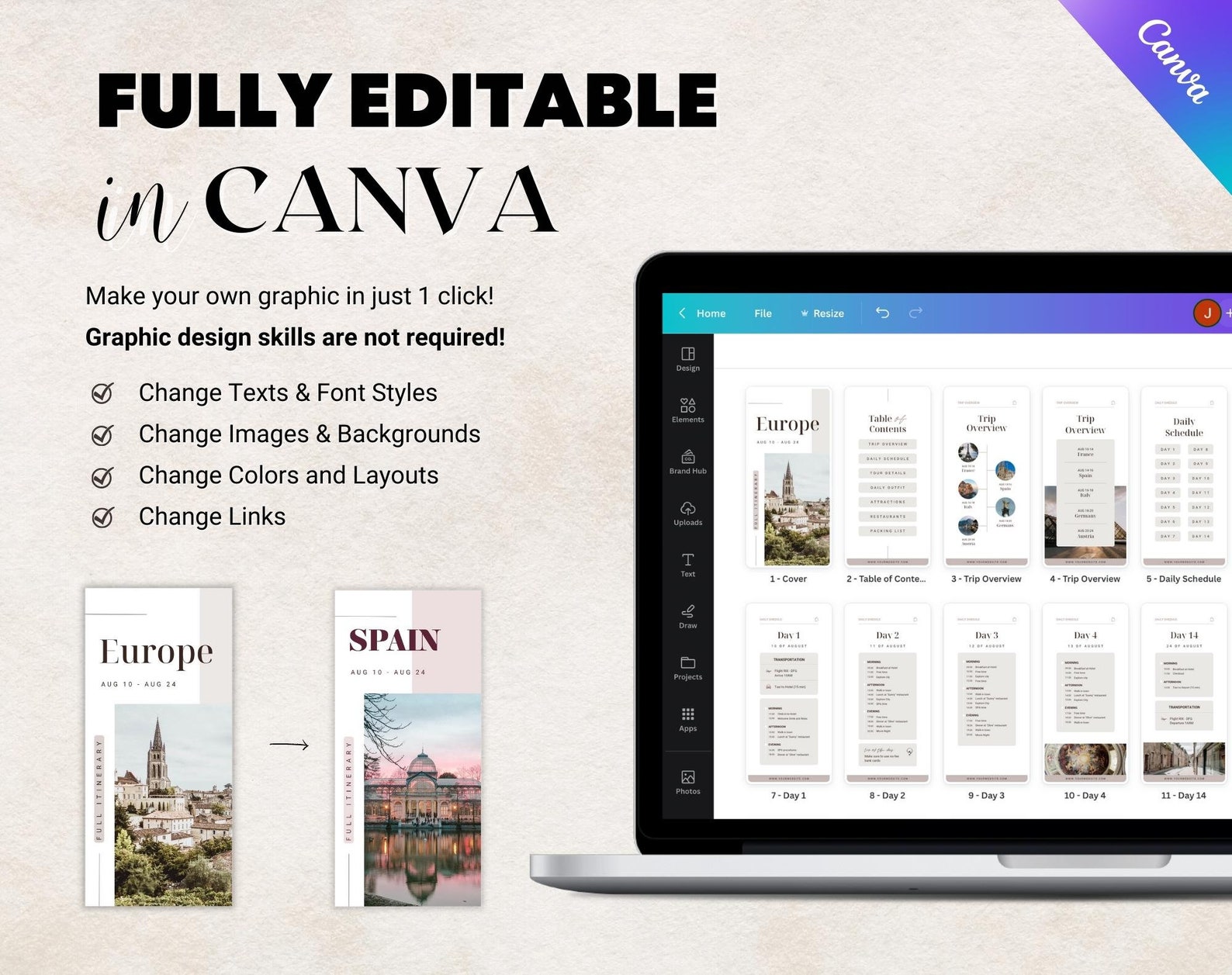 Europe Travel Itinerary Mobile Template: Editable Canva Planner ...