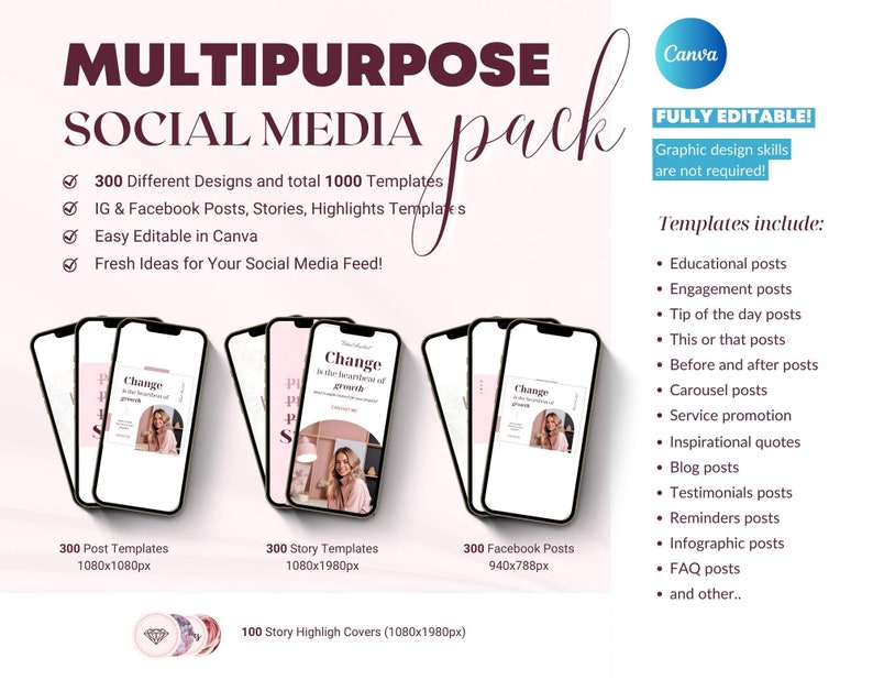 Aesthetic Dusty Pink Instagram Template Bundle. Social Media - Etsy