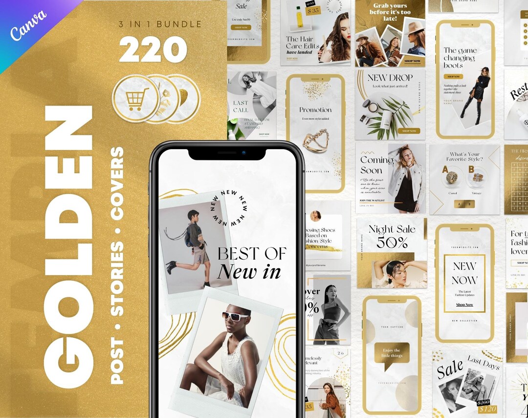 Golden Instagram Templates: Post, Story & Highlight Covers (canva) - Etsy