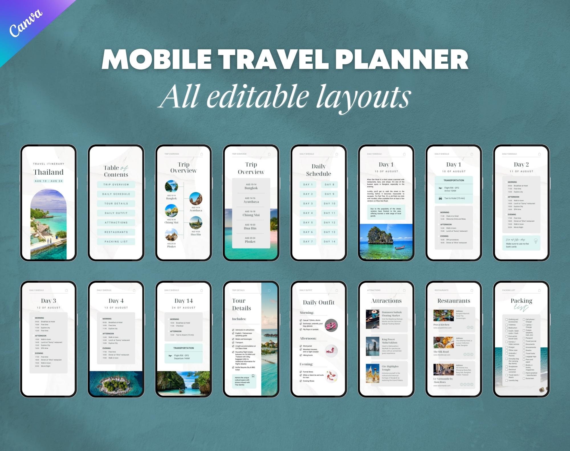 Mobile Travel Itinerary Template: Editable Canva Trip Planner (16 Pages ...