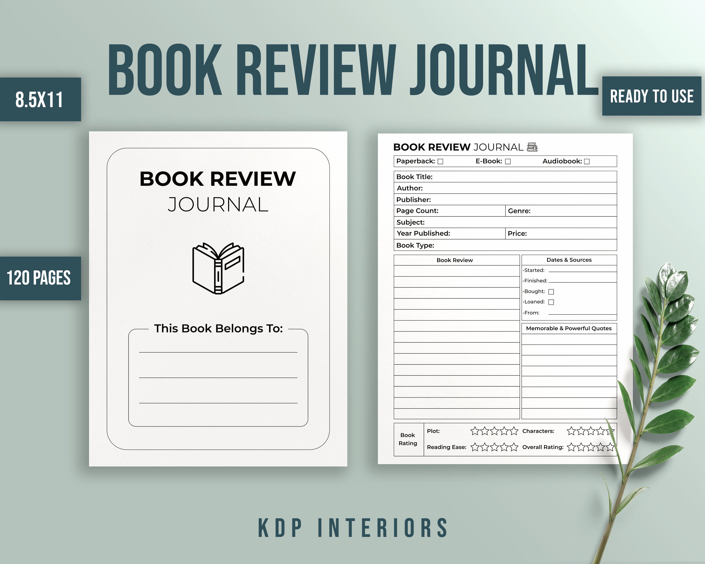 Book Review Journal KDP Interiors 120 Pages 8.5x11 Inches Ready to ...