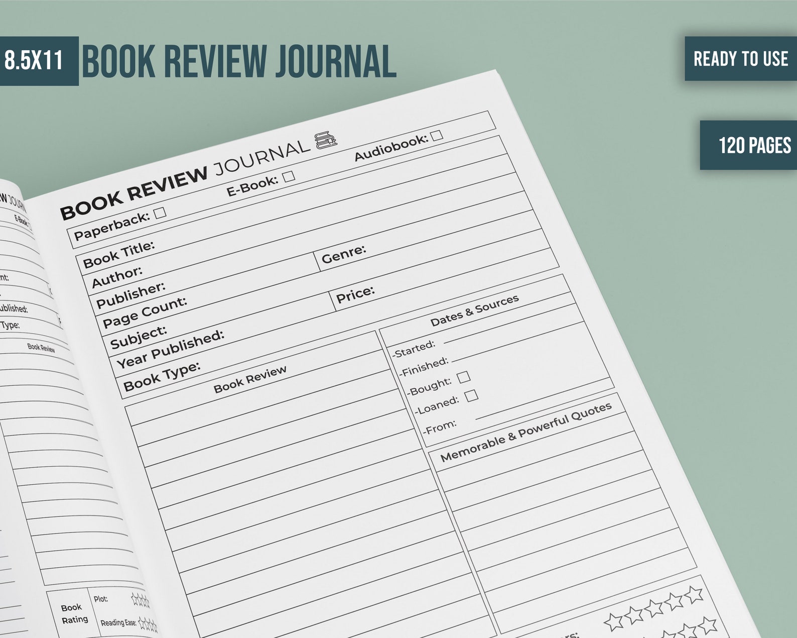 Book Review Journal KDP Interiors 120 Pages 8.5x11 Inches Ready to ...