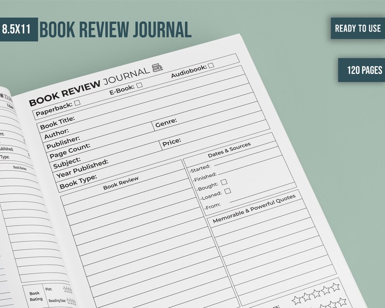 Book Review Journal KDP Interiors 120 Pages 8.5x11 Inches Ready to ...