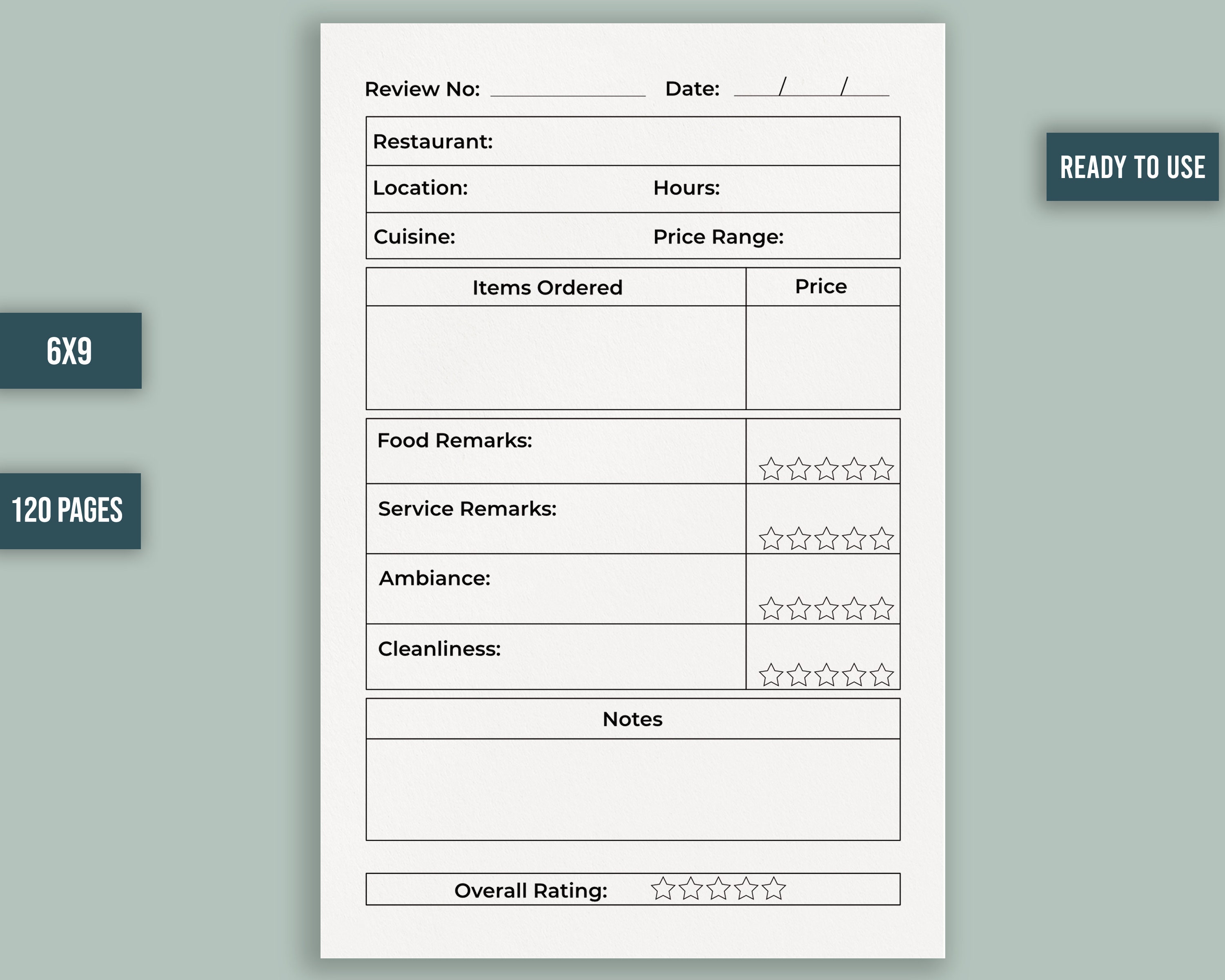 Restaurant Review Journal 6x9inches Ready to Upload PDF Commercial Use ...