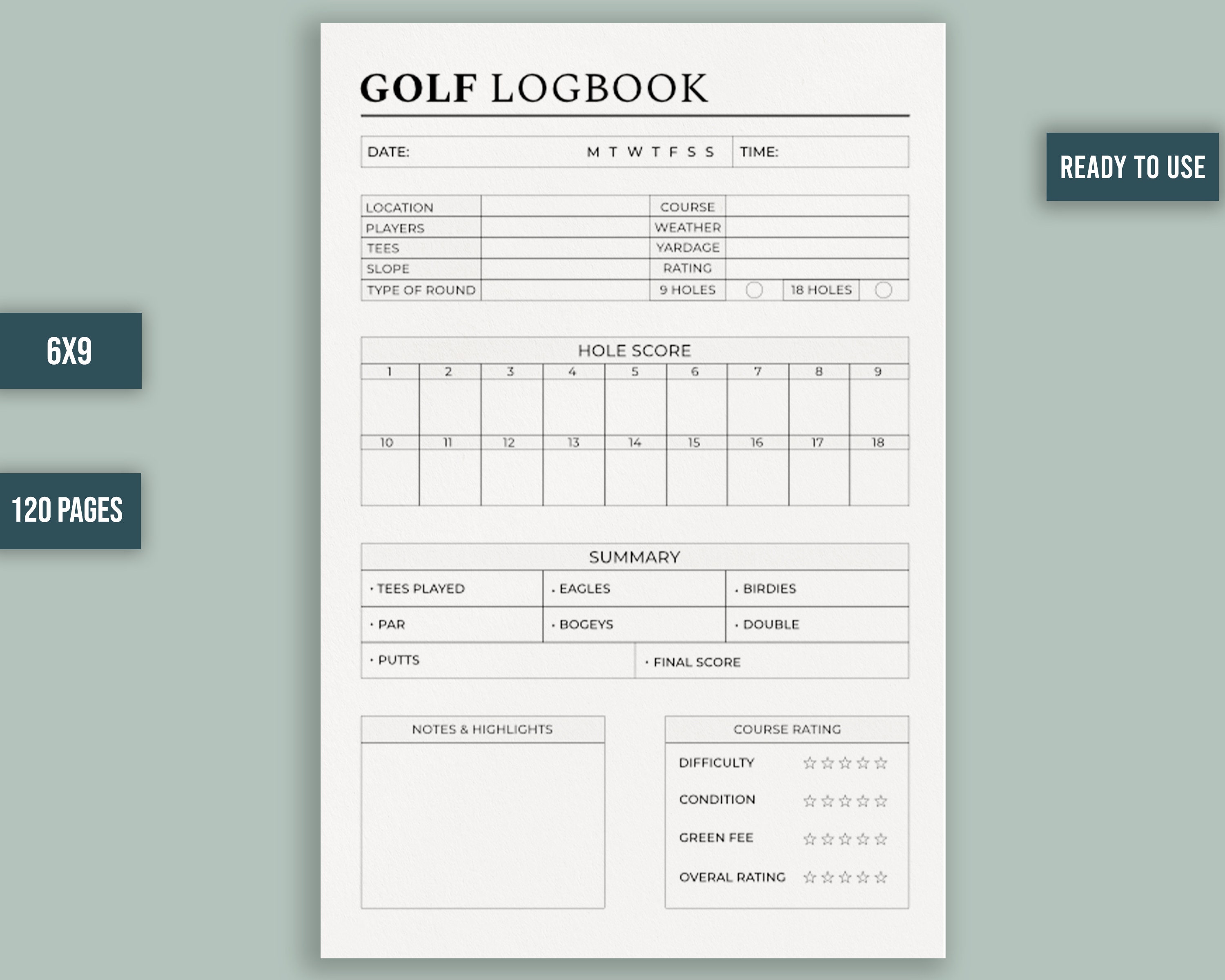 Golf Log Book KDP Interior Template 6x9 Inches 120 Page Ready to Upload ...