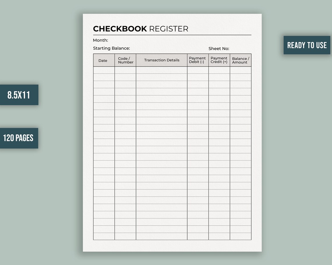 Checkbook Register Transaction Register 8.5X11 Inches 120 Pages Ready ...